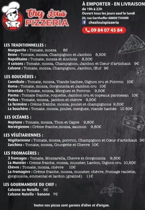 Menu at Chez Louis Pizzeria, Thann