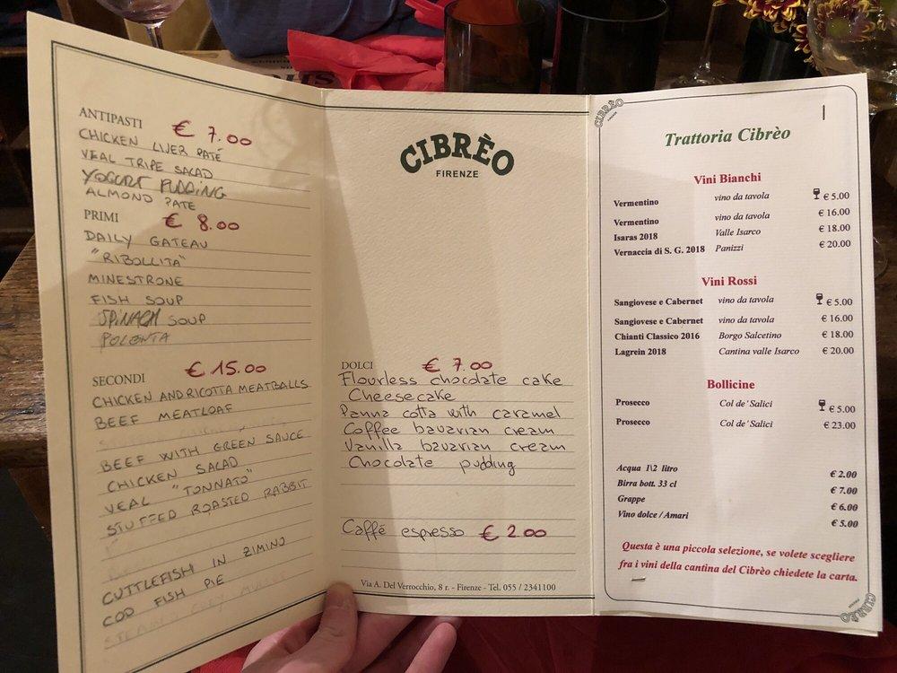 Menu da Cibrèo Trattoria ristorante, Firenze, Via dei Macci
