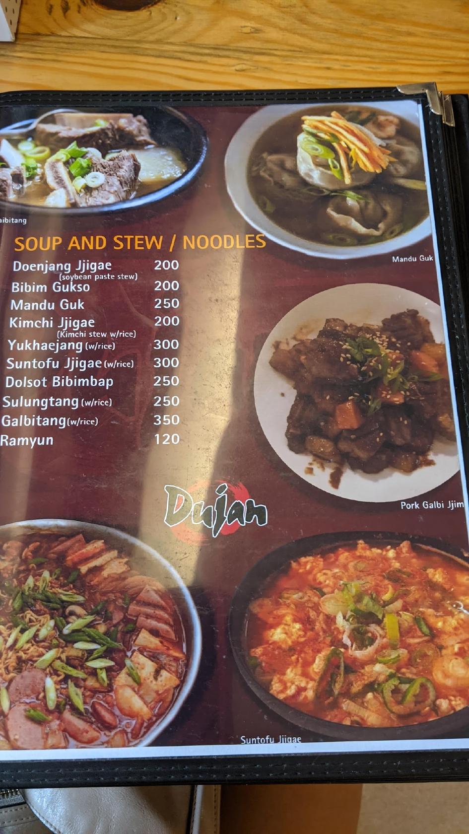 Carta de Dujan Korean Restaurant, Bacolod