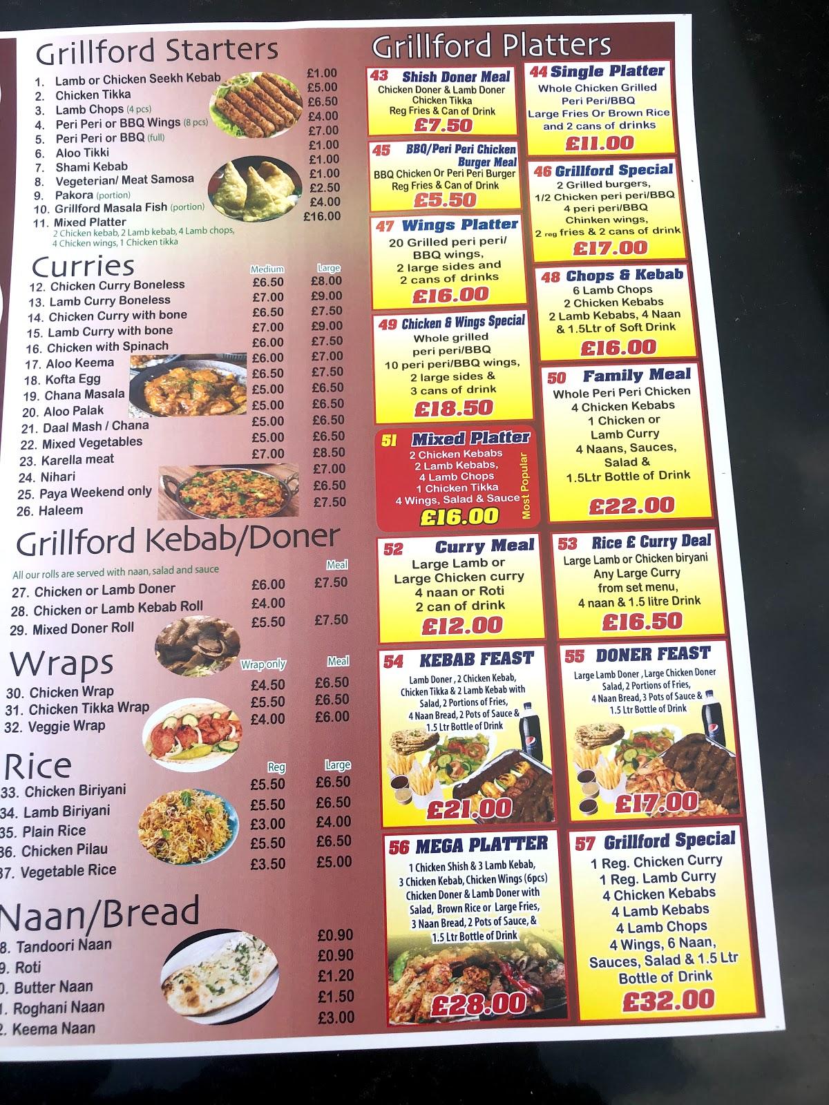 Menu at Grillford restaurant, Ilford