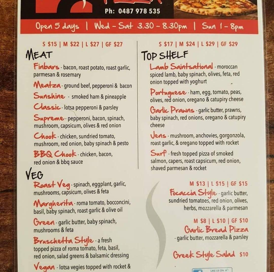 Menu at JENS Woodfired Pizzas restaurant, Maleny