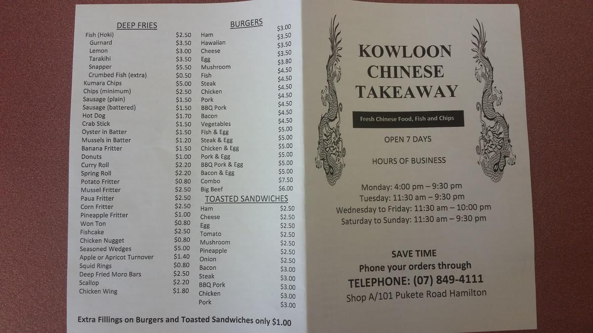 Menu at Kowloon Takeaways restaurant, Hamilton