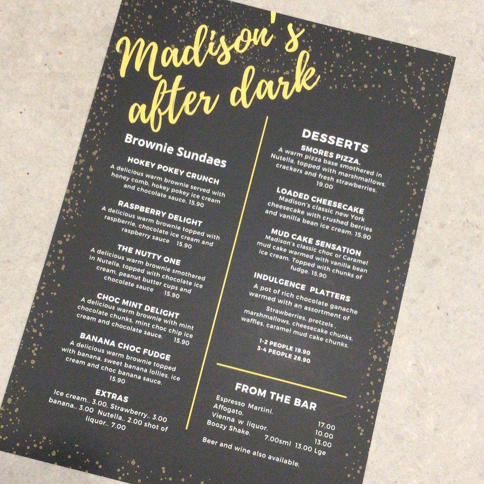 Menu at Madison's Cafe, Broadbeach
