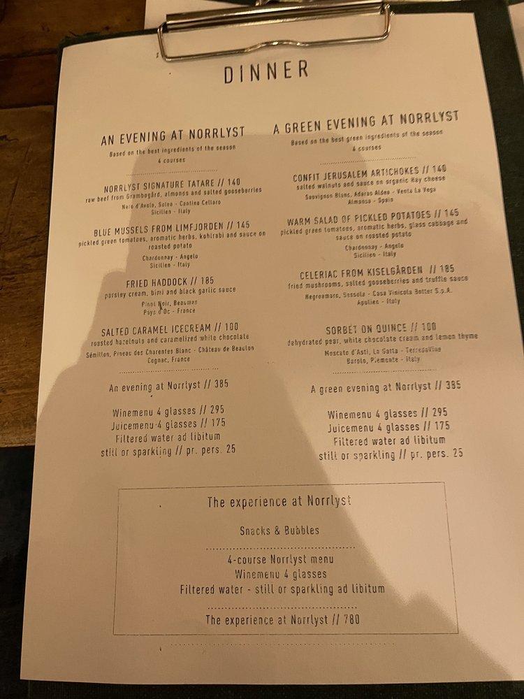 Menu at Norrlyst restaurant, Copenhagen