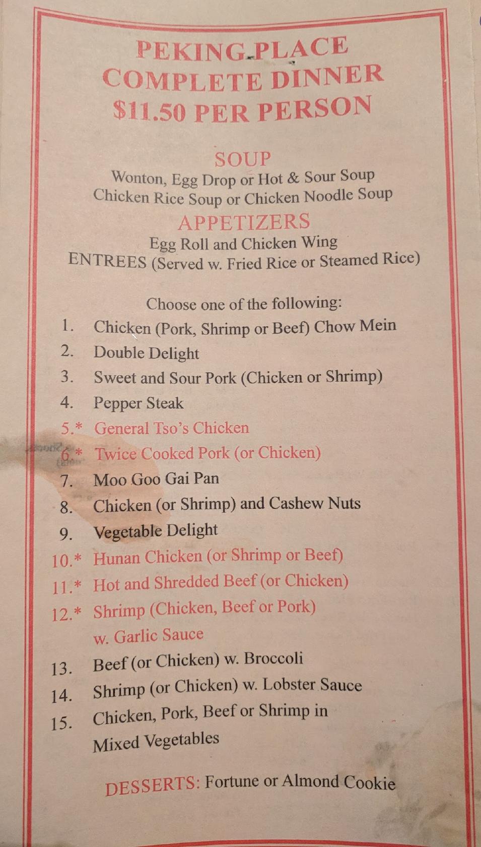 Menu at Peking Place restaurant, Johnstown