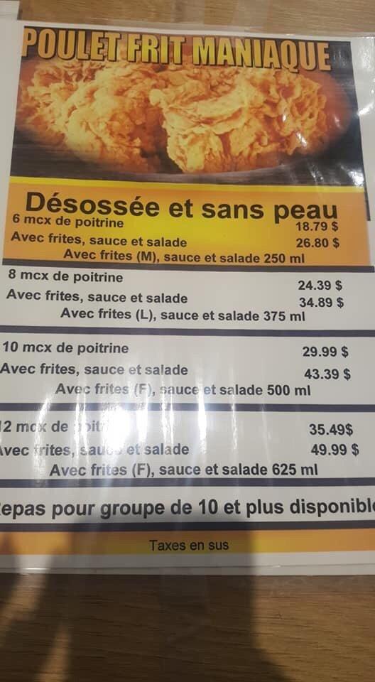 Menu at Poulet Frit Maniaque fast food, Marieville