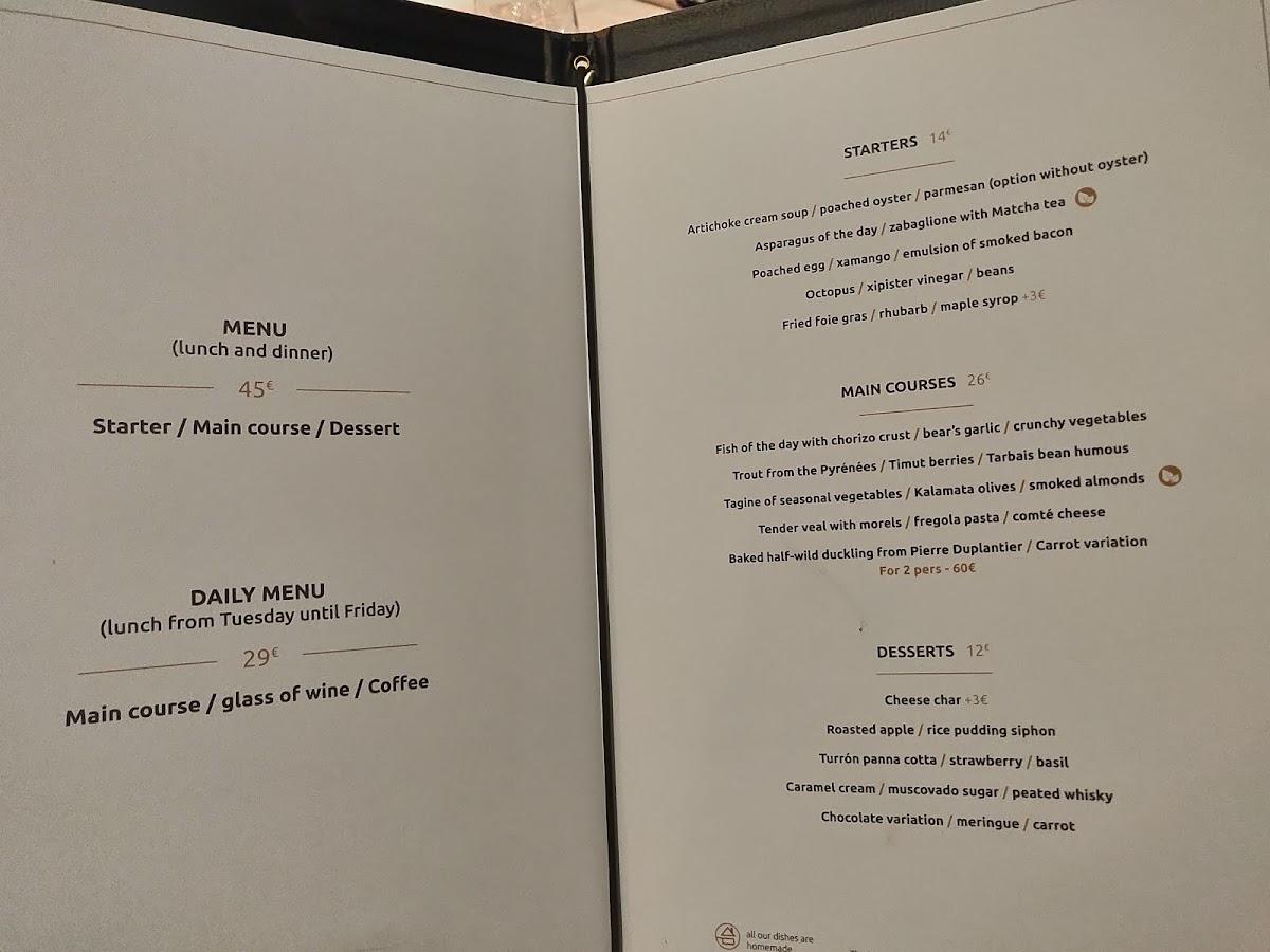 Carta del restaurante Mademoiselle Mouche, Paris, Pont del l'Alma