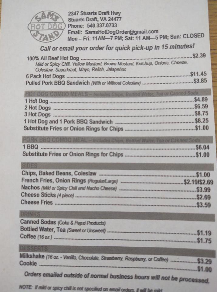 Menu at Sam' BBQ, Stuarts Draft