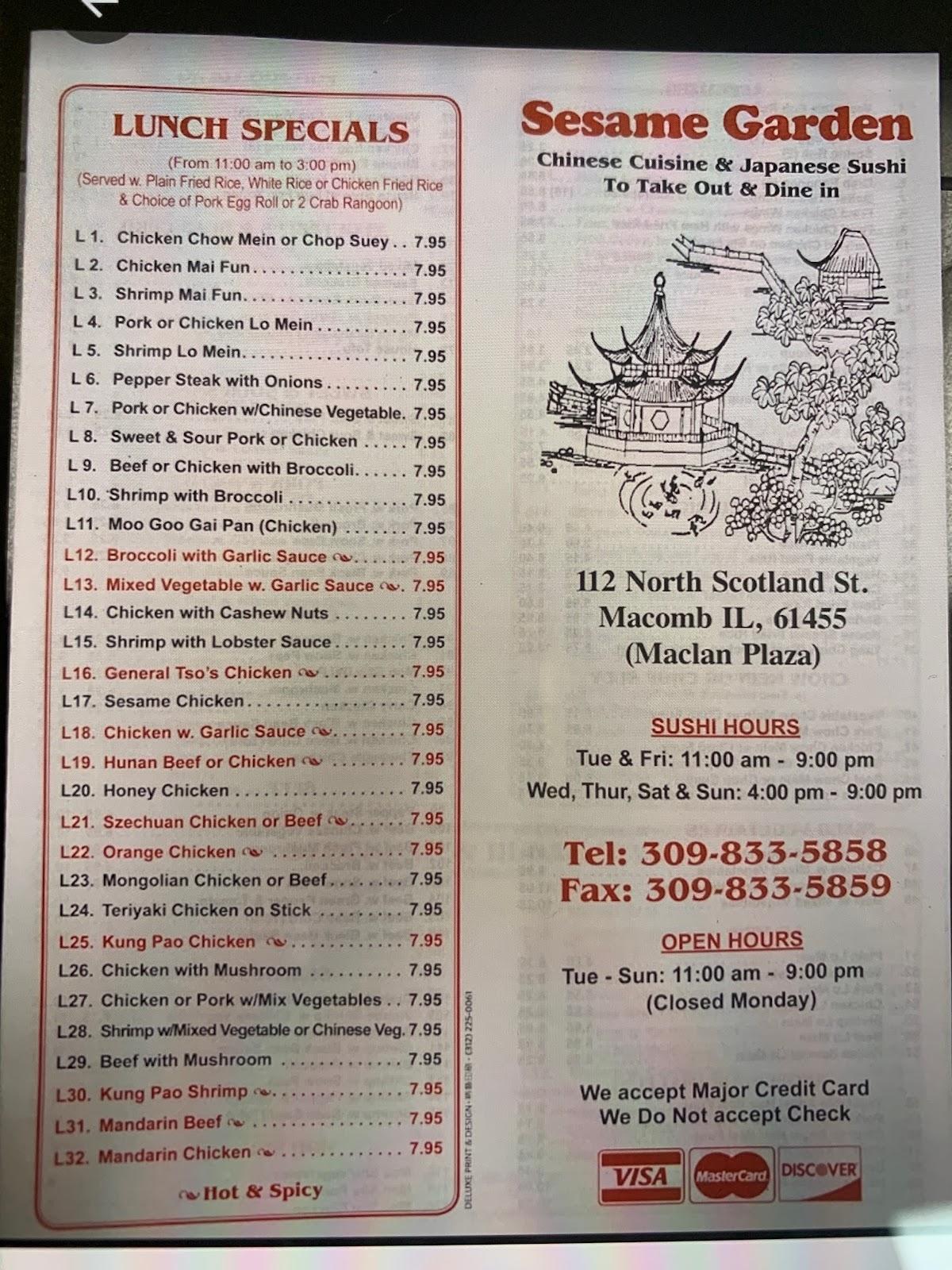 Menu at Sesame Garden restaurant, Macomb