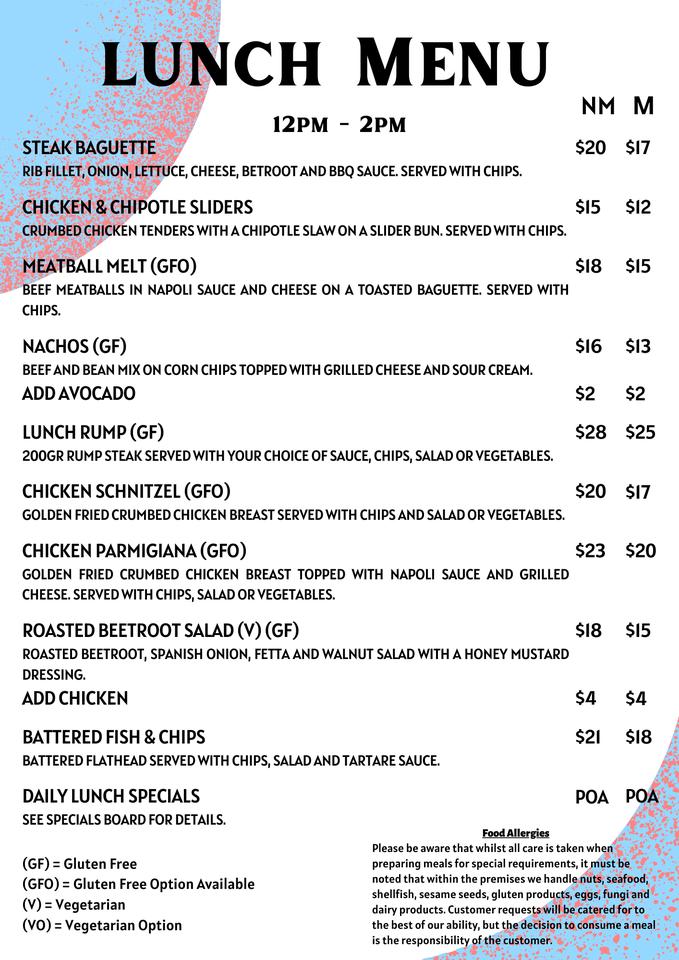 Menu at Stanthorpe RSL Services Club, Stanthorpe