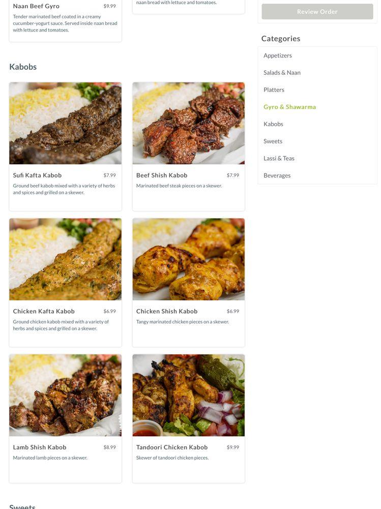 Menu at Sufi Kabob restaurant, Corpus Christi
