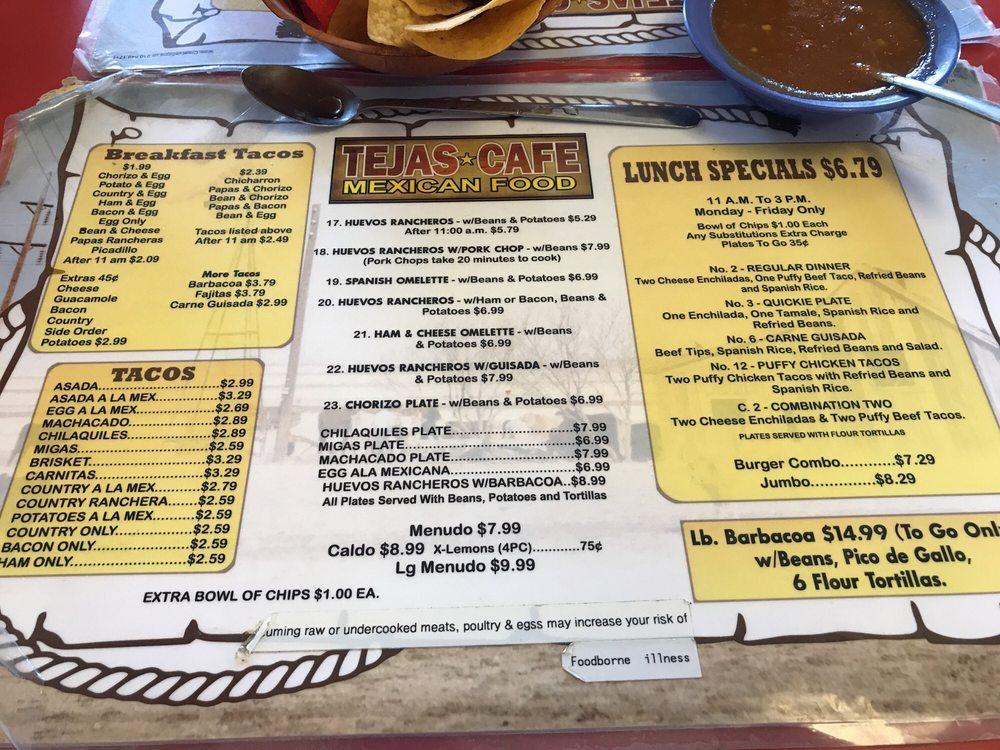 Menu at Tejas Cafe, San Antonio, O'Connor Rd
