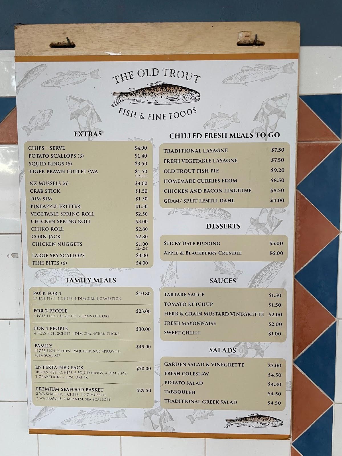 Menu at The Old Trout fast food, Bassendean
