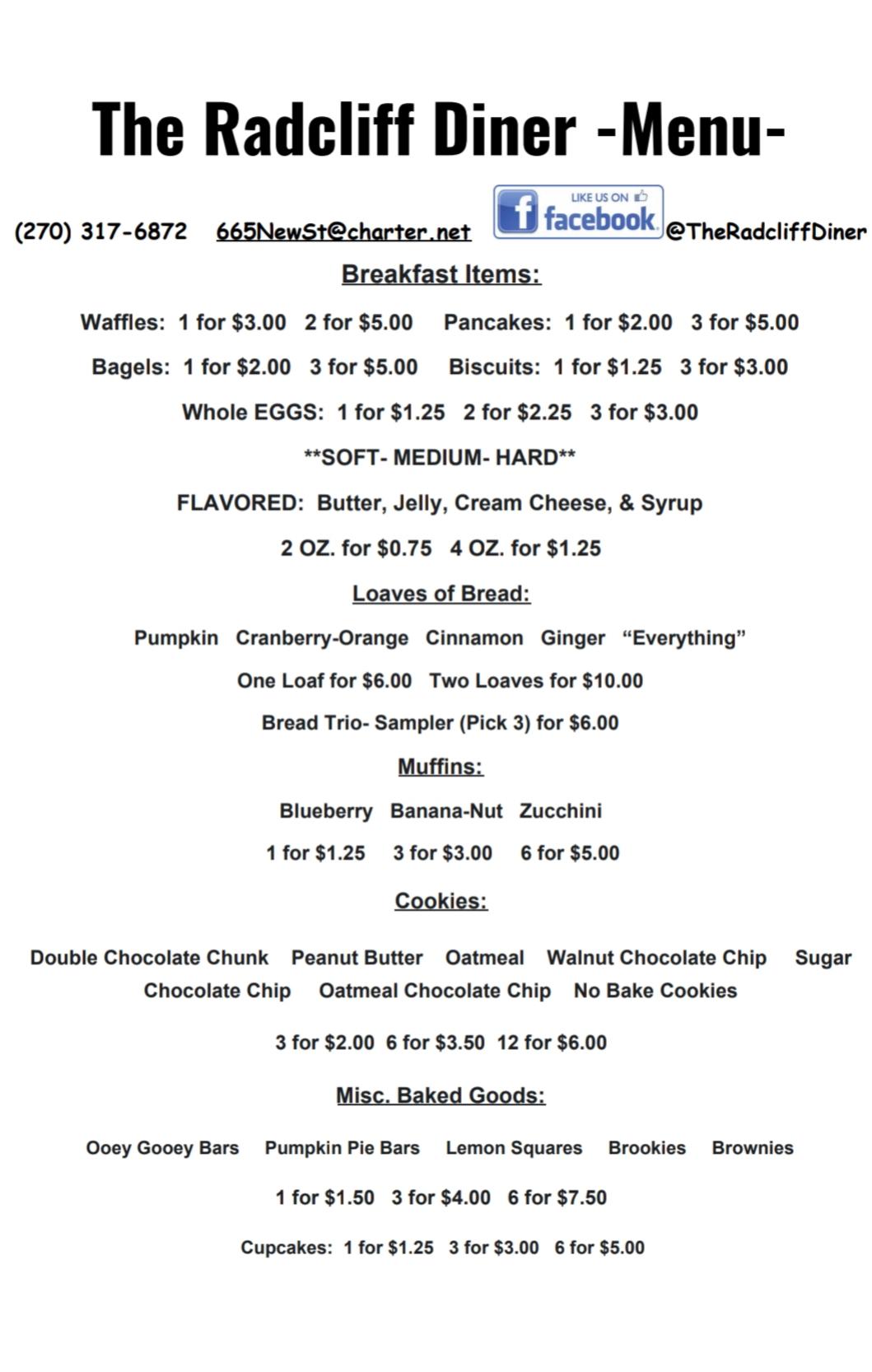 Menu at The Radcliff Diner restaurant, Radcliff