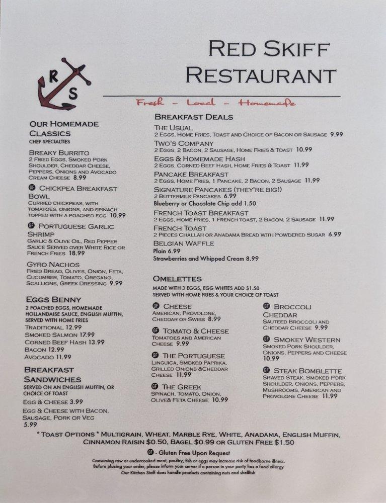 Menu at Red Skiff Restaurant, Rockport, 25 Massachusetts 127 Alt