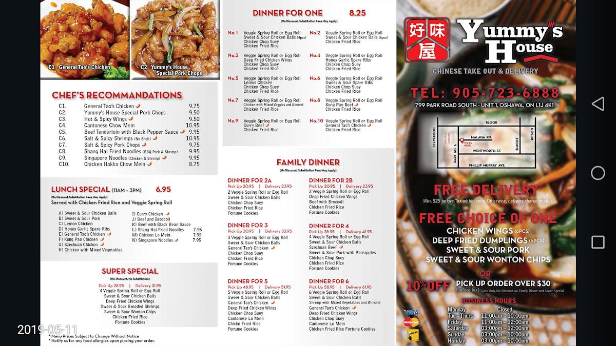 Menu at Yummy's House restaurant, Oshawa