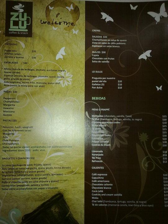 Menu at Zulu coffee & snack restaurant, Santiago de Querétaro