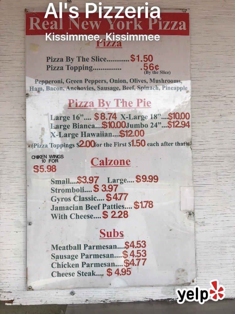 Menu at Al's Pizza pizzeria, Kissimmee, W Bryan St