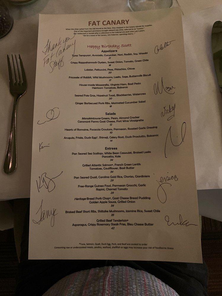 Menu at Fat Canary pub & bar, Williamsburg