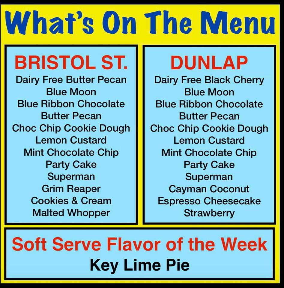 Menu at Flavor Freeze, Elkhart, US Highway 33