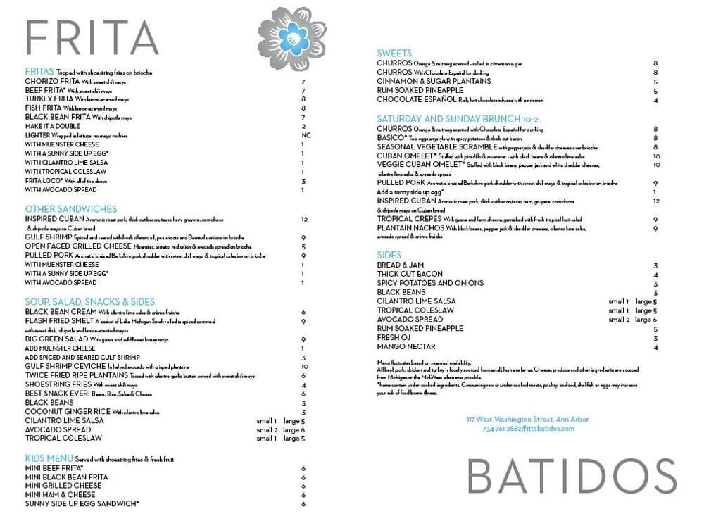 Menu at Frita Batidos Ann Arbor restaurant, Ann Arbor