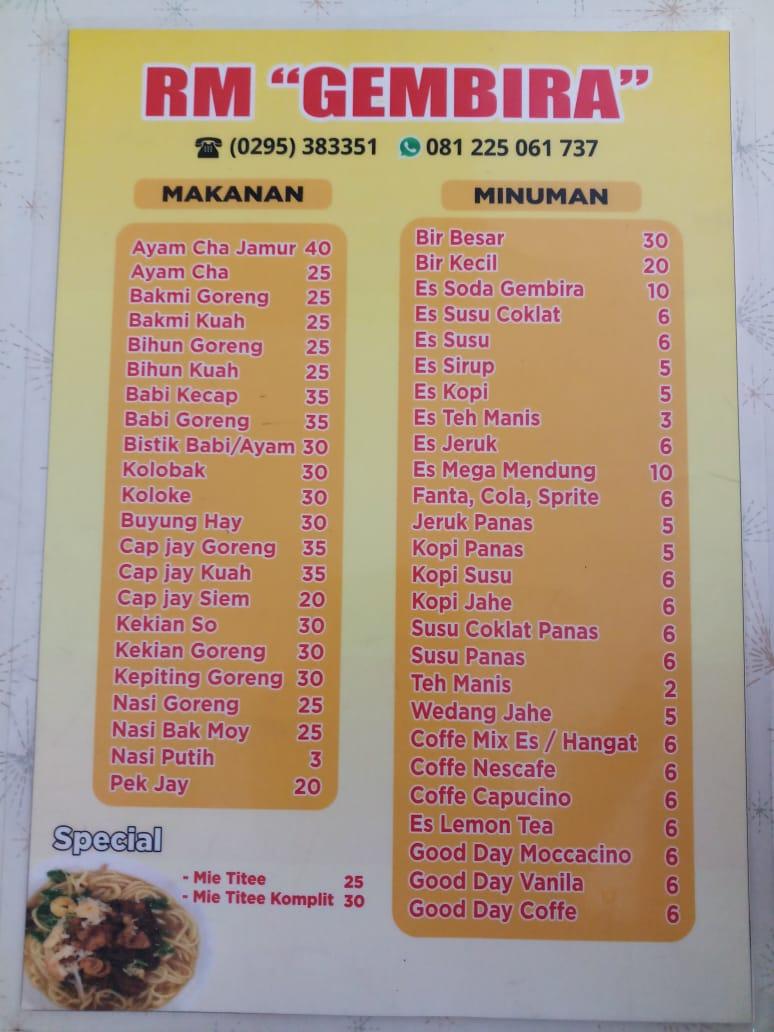 Menu at Gembira Rumah Makan restaurant, Pati