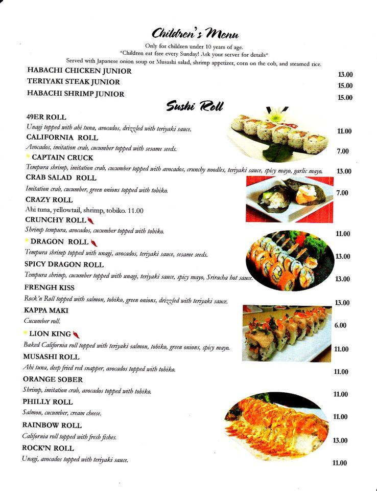 Menu at Musashi restaurant, Tracy