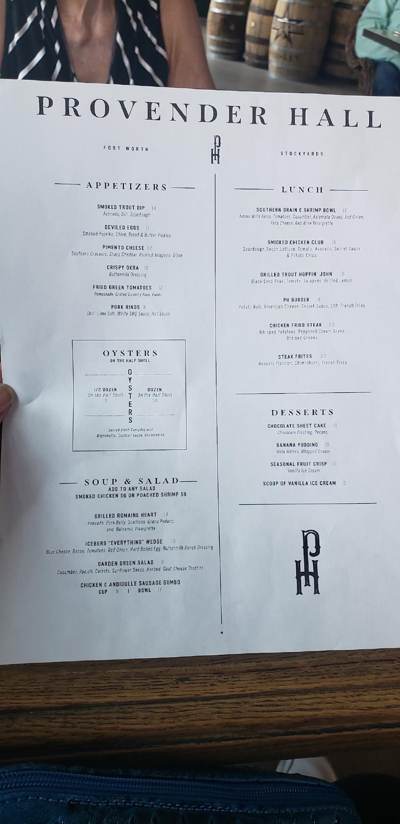 Menu at Provender Hall restaurant, Fort Worth