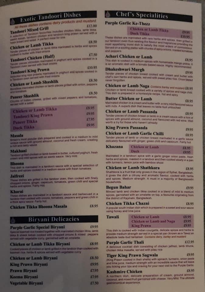 Menu at Purple Garlic restaurant, Melton Mowbray