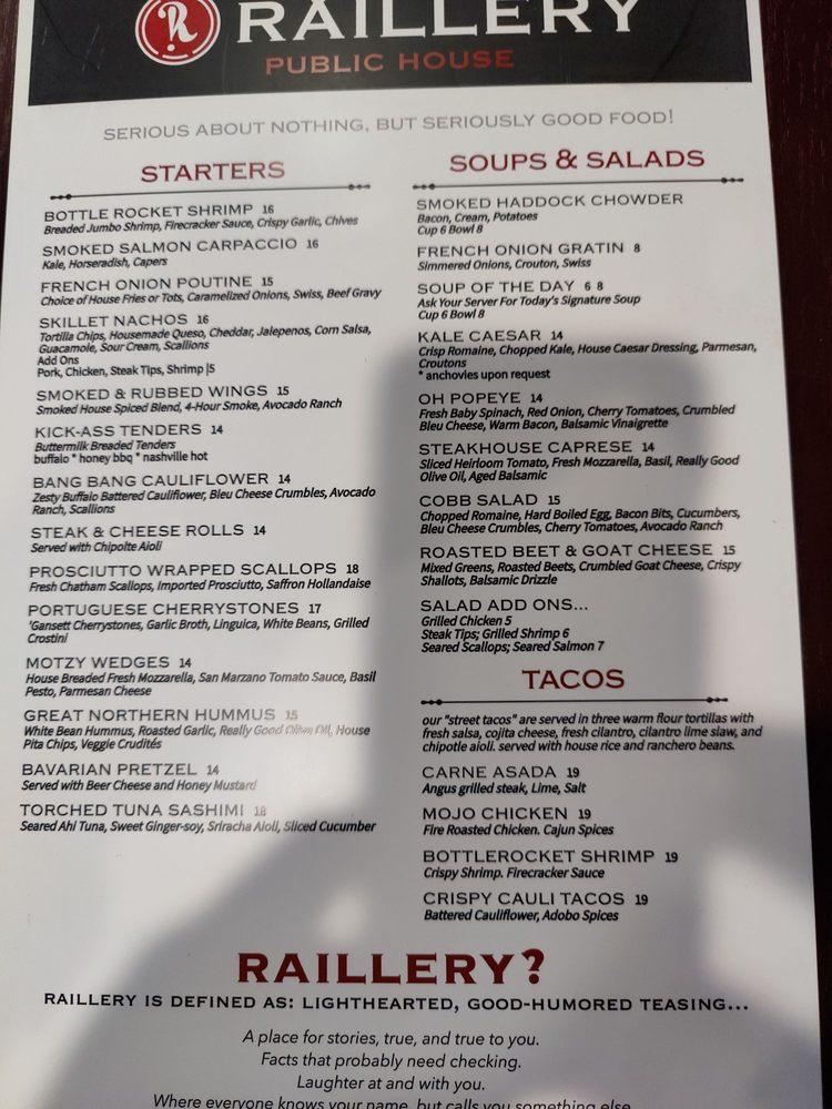 Menu at Raillery Public House, Franklin