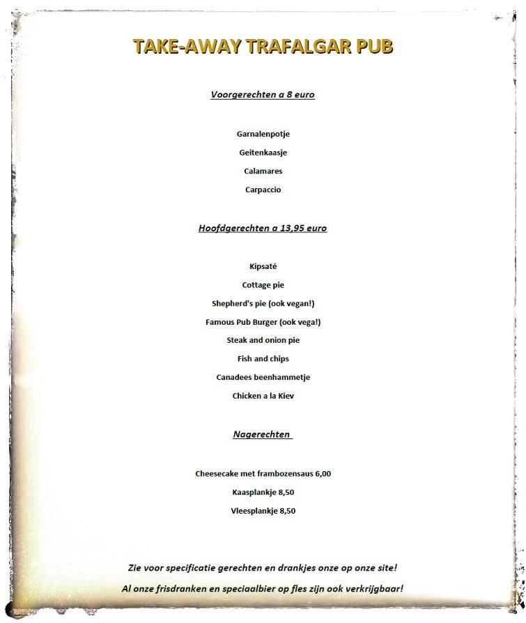 Menu at The Trafalgar Pub, Eindhoven