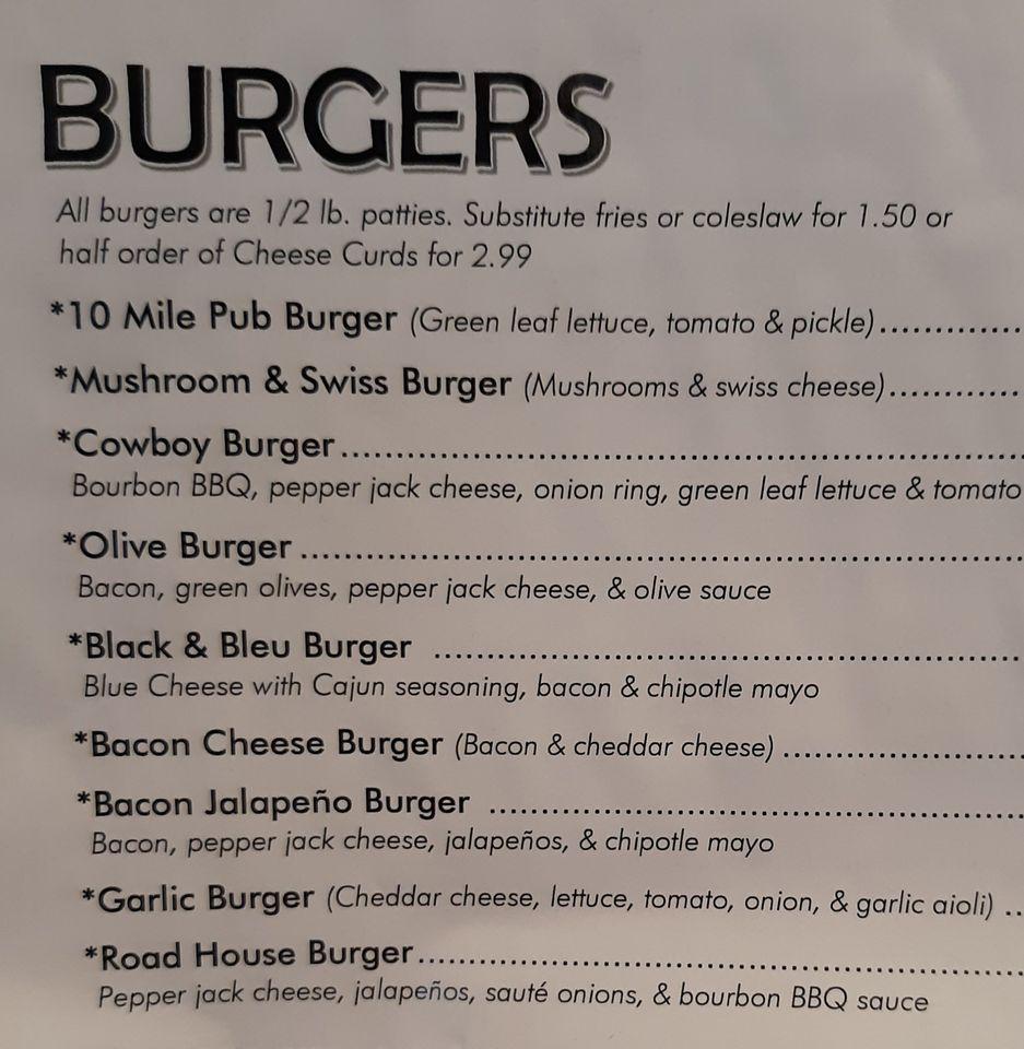 Menu at Timmer's 10 Mile Pub, La Crosse