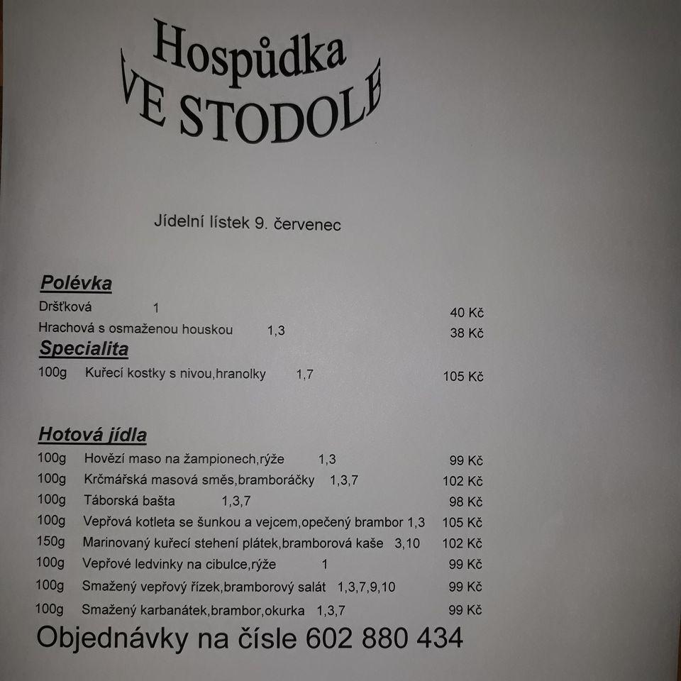 Menu at Stodola restaurant, Milevsko