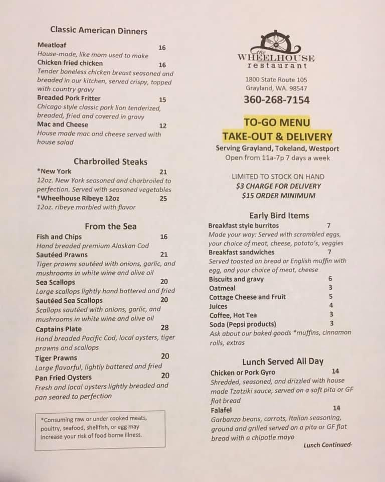 Menu at Wheelhouse Restaurant, Grayland