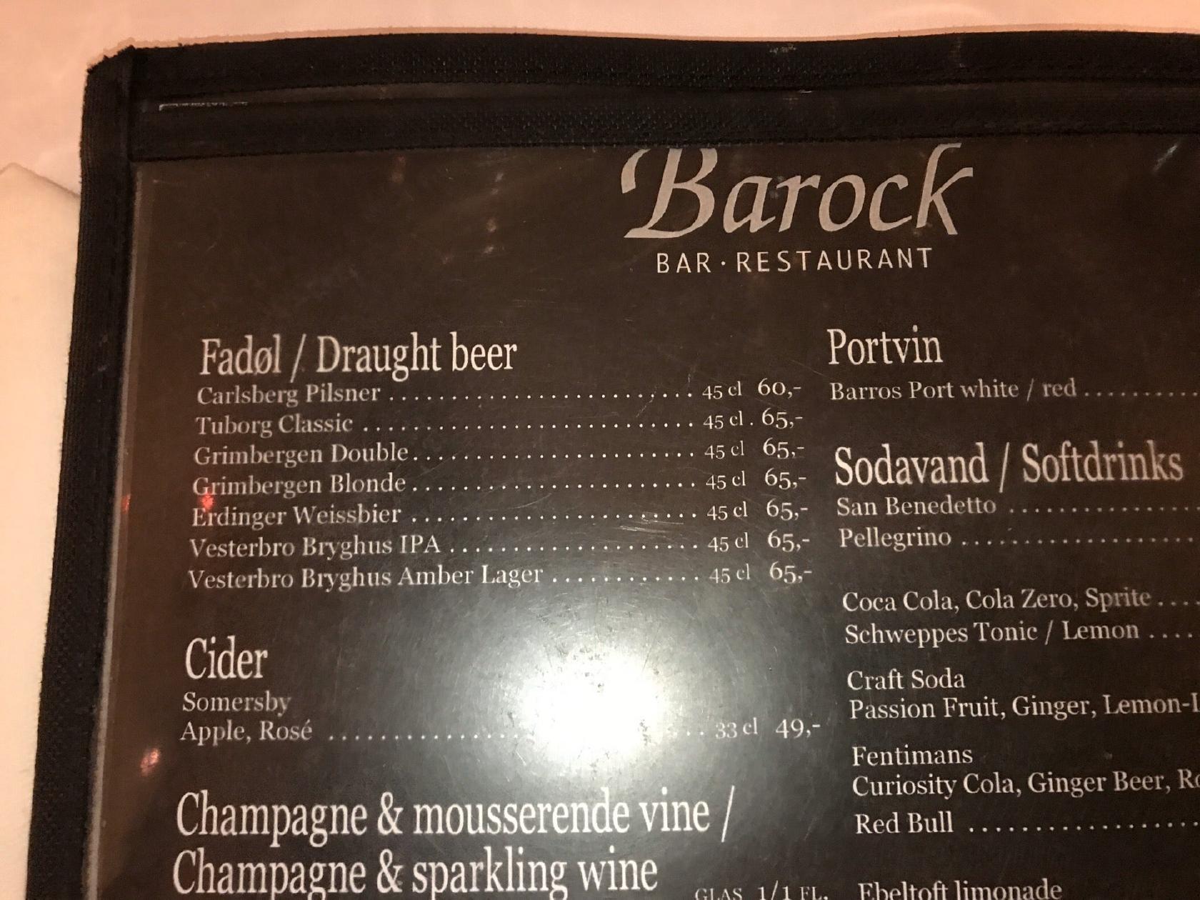 Menu at Barock, Copenhagen