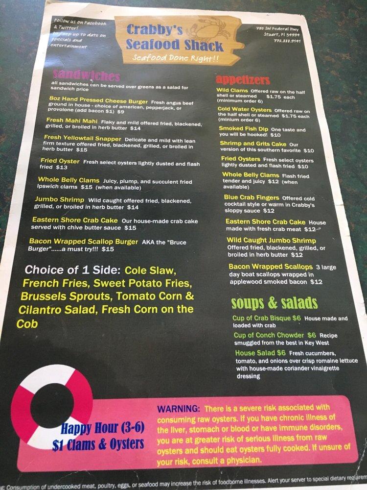 Menu at Crabby's Seafood Shack steakhouse, Stuart
