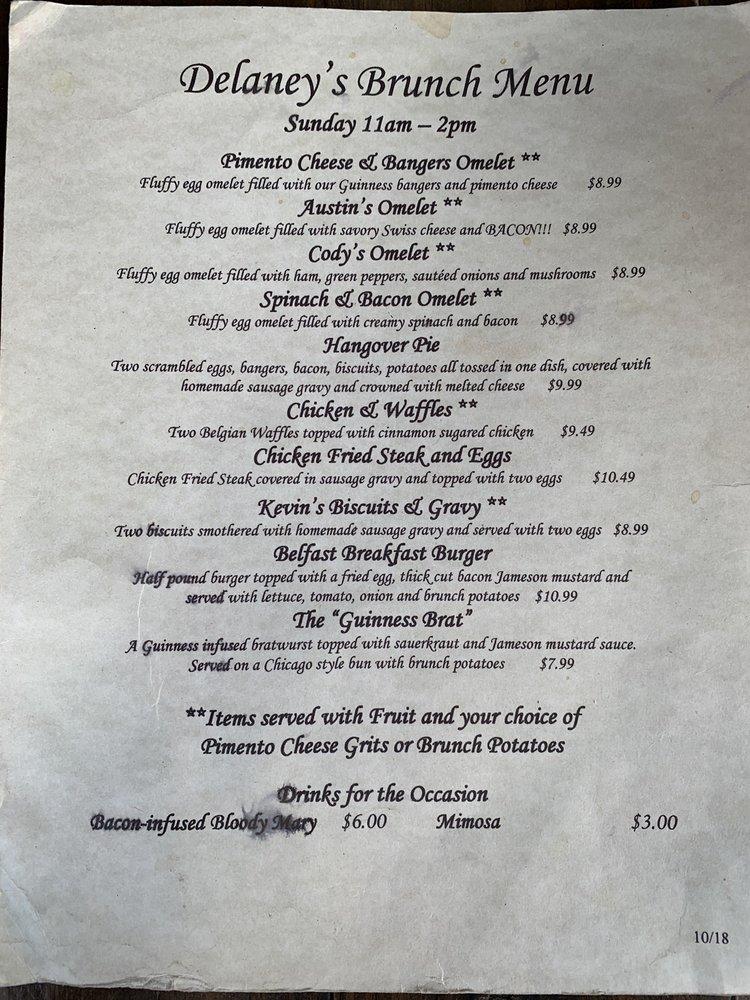 Menu at Delaney's Irish Pub, Spartanburg, 117 W Main St
