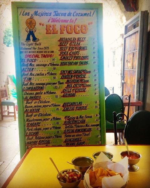 Menu at El Foco restaurant, San Miguel de Cozumel