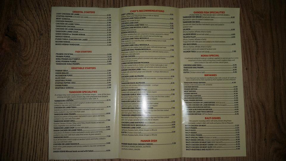Menu at Ganges fast food, Shrewsbury
