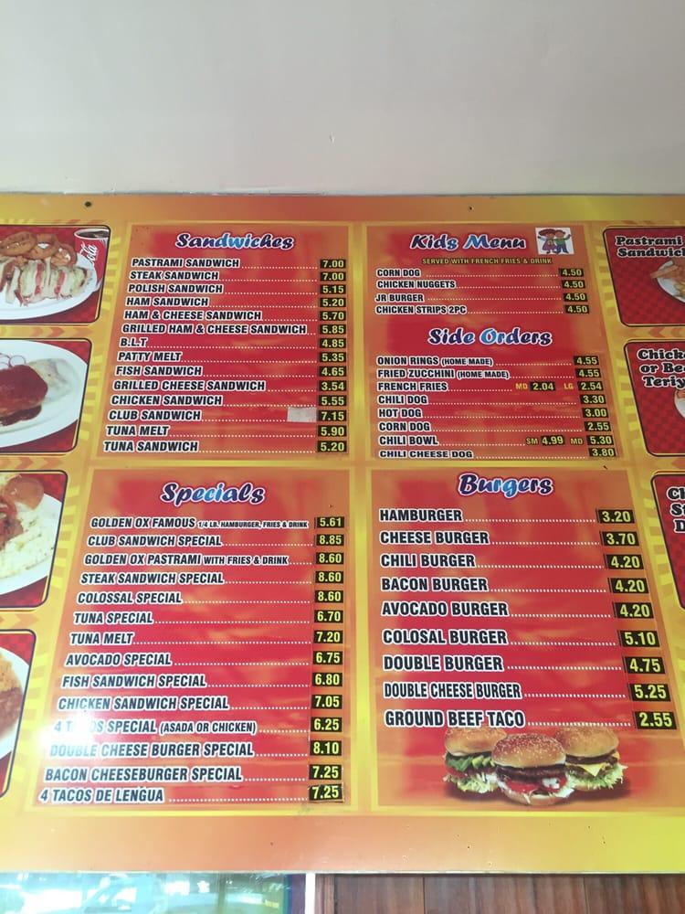 Menu at Golden Ox fast food, Los Angeles, 108 E Florence Ave