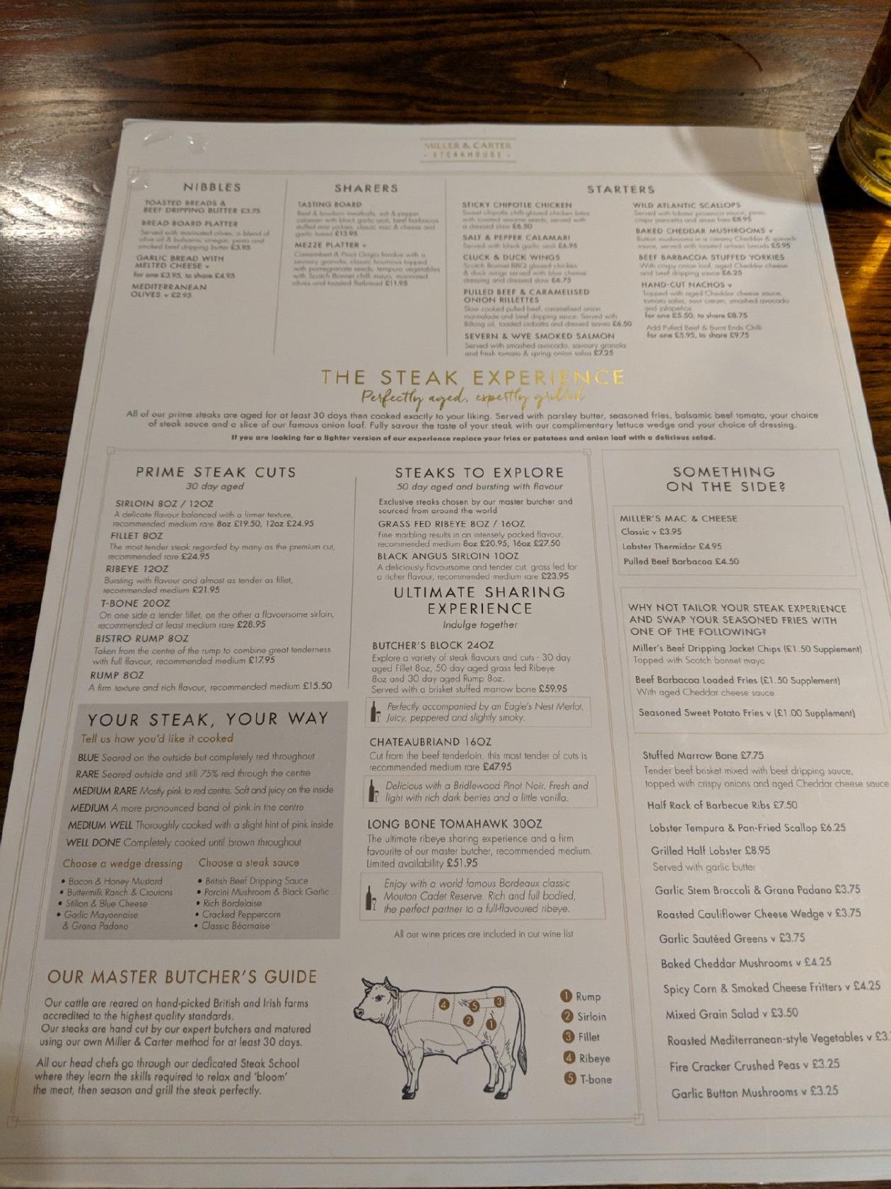 Menu at Miller & Carter Manchester steakhouse, Manchester