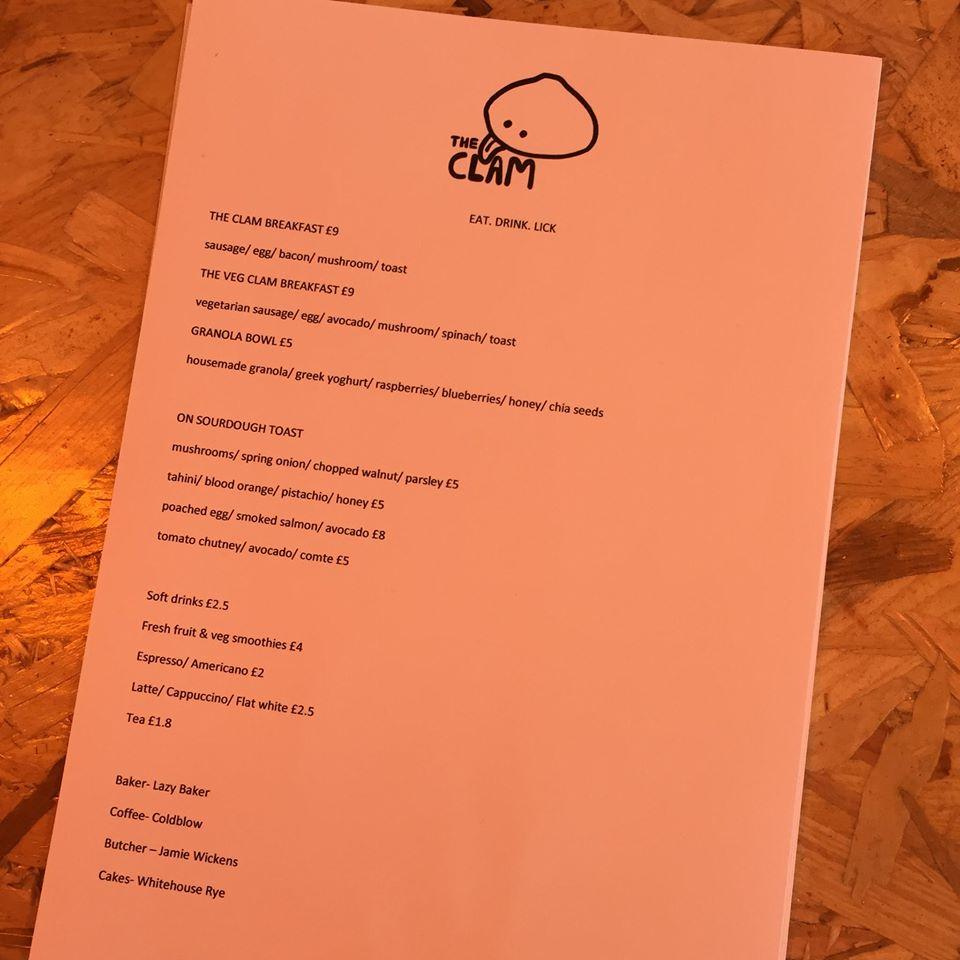 Menu at The Clam cafe, Camber