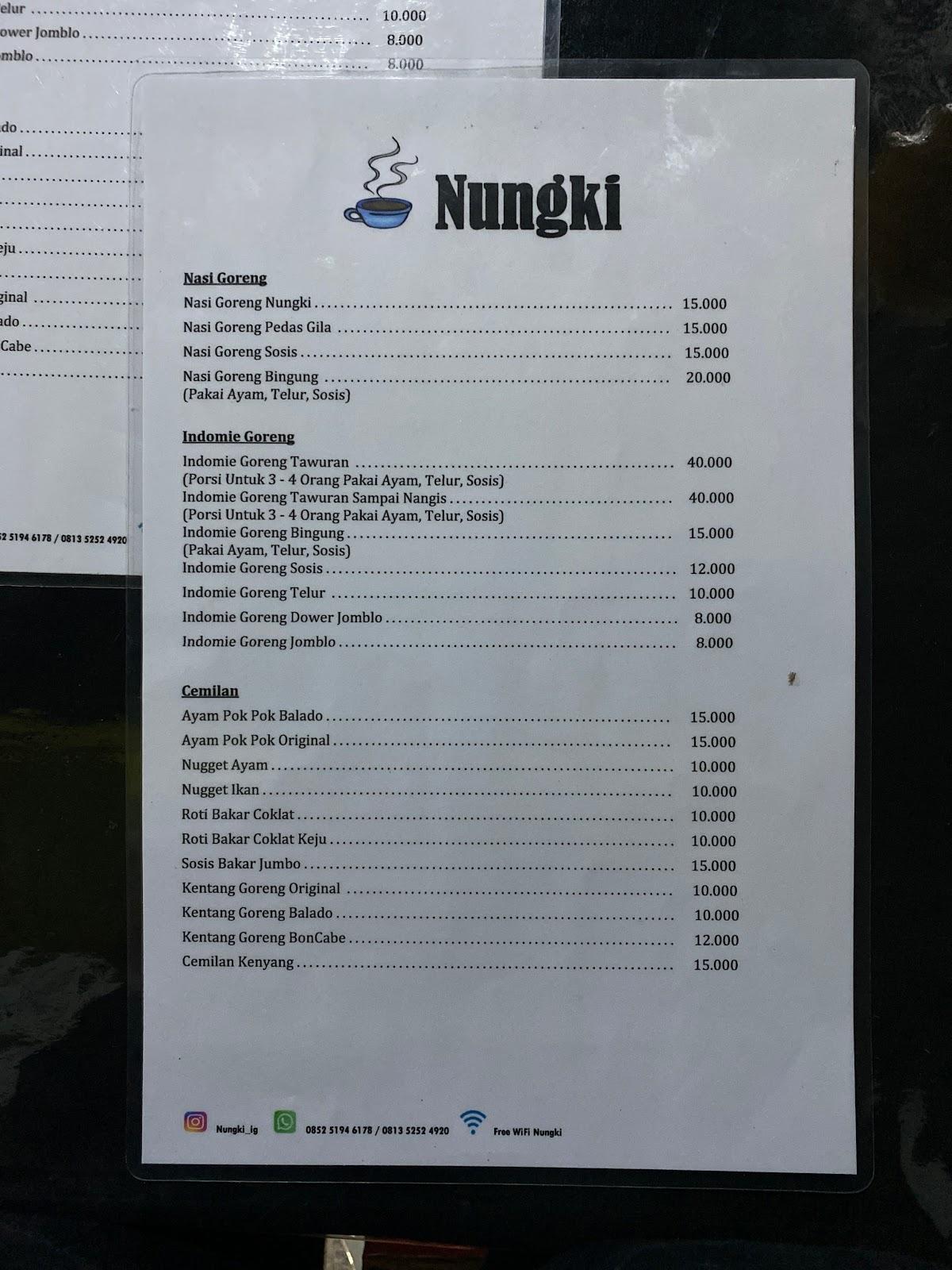 Menu at Warung nungki cafe, Manurung
