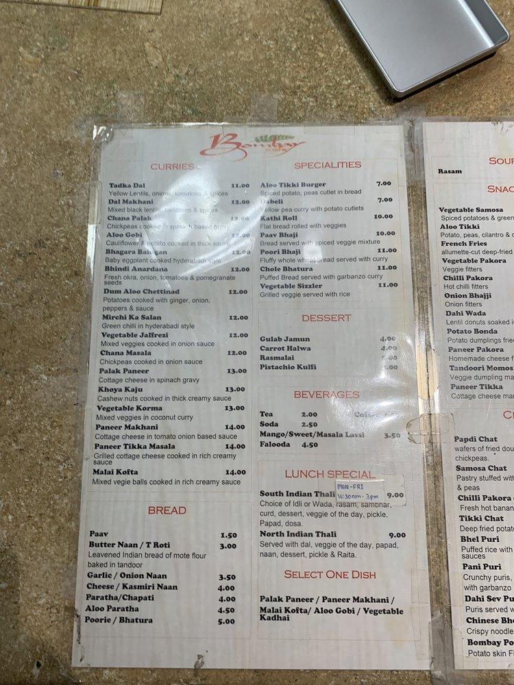 Menu at Bombay Caf restaurant, Orlando