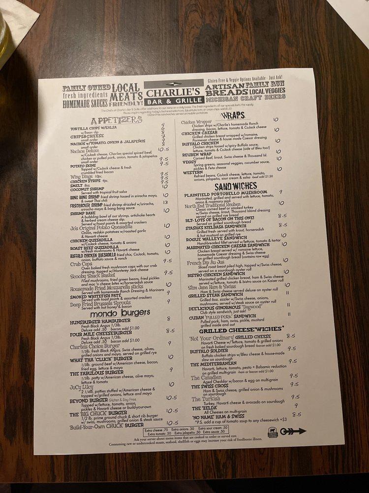 Menu at Charlie's Bar & Grille, Grand Rapids