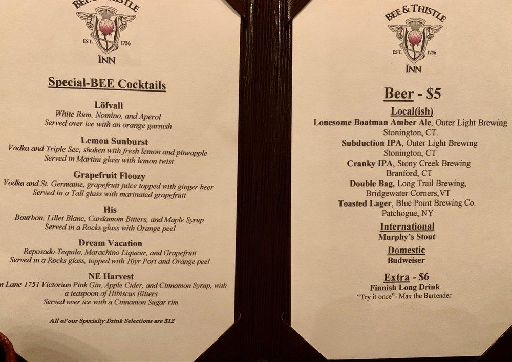 Menu at Chestnut Grille at the Bee & Thistle Inn restaurant, Old Lyme