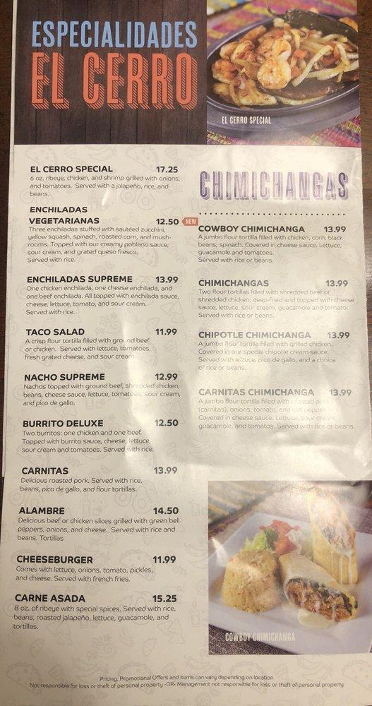 Menu at El Cerro Grande of Georgetown restaurant, Georgetown