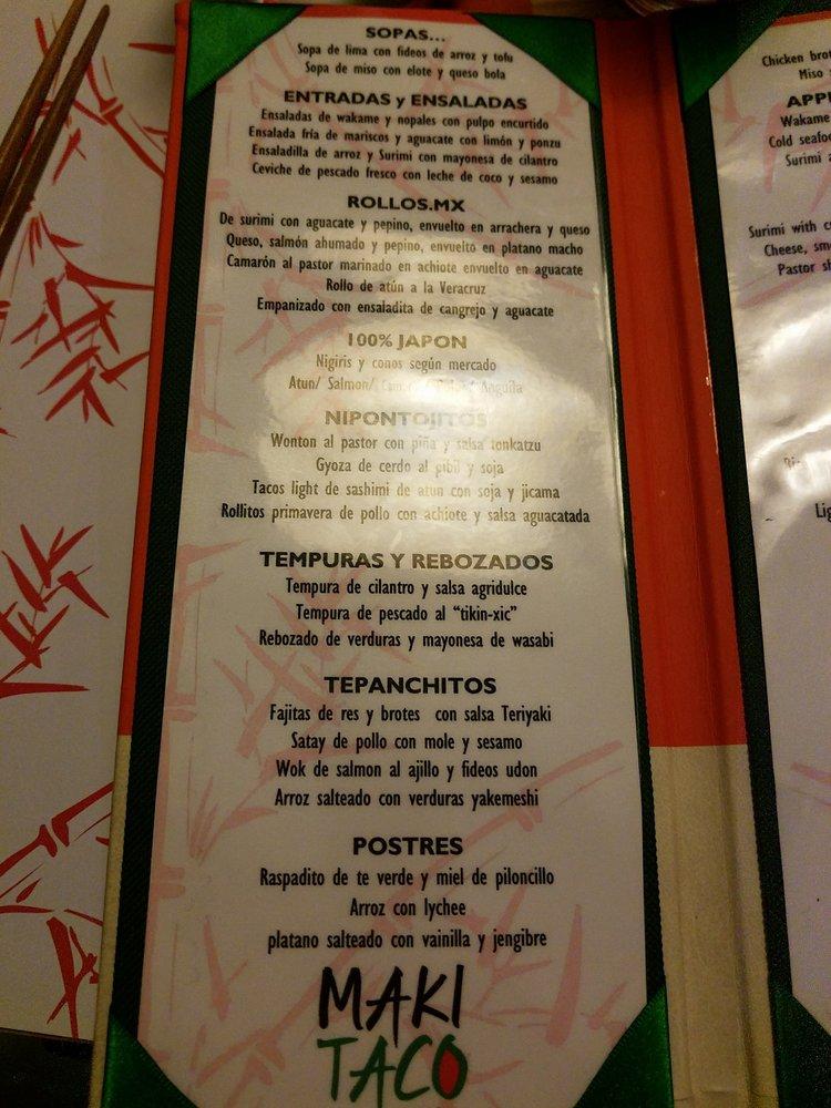 Menu at Maki Taco restaurant, Cancún, Boulevard Kukulcan Kilometro 4.5