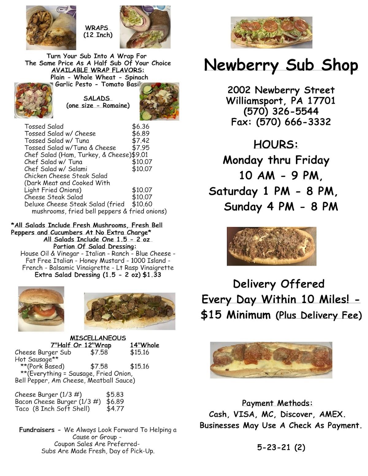 Menu at Newberry Sub Shop restaurant, Williamsport