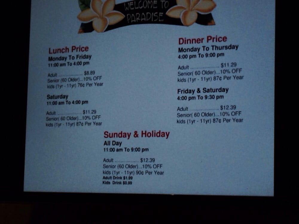 Menu at Paradise Buffet restaurant, Montclair